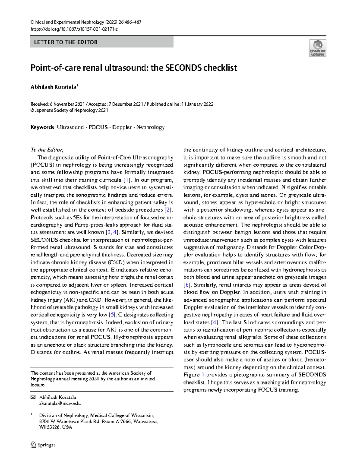 Point-of-Care Renal Ultrasound: The SECONDS Checklist (2022) - Studocu