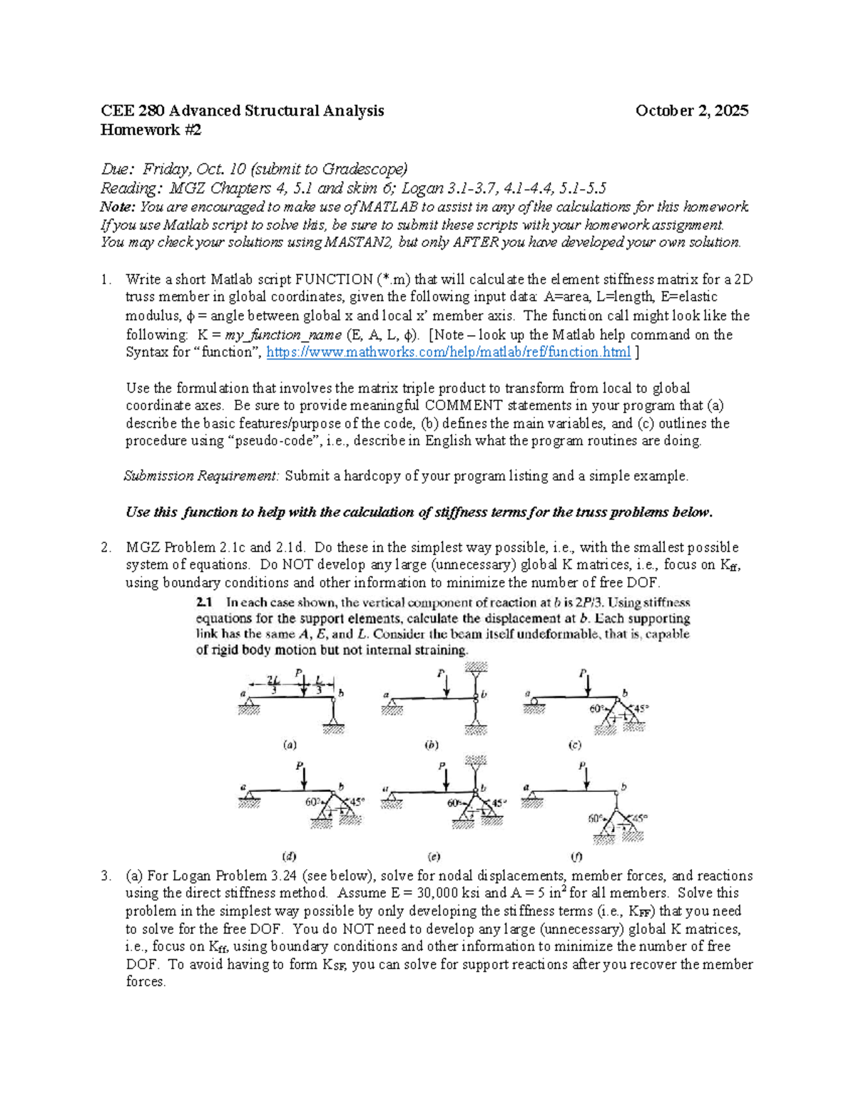 CEE 280 Advanced Structural Analysis Homework 2 - MATLAB Practice - Studocu