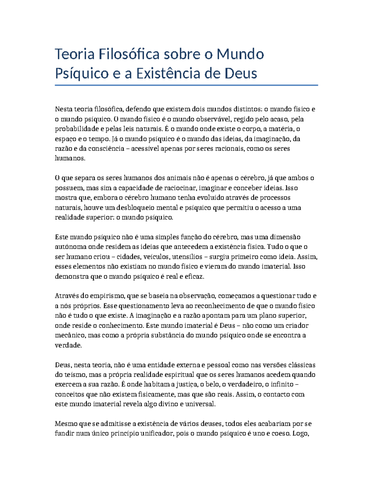 Teoria Filosófica sobre o Mundo Psíquico e a Existência de Deus - Studocu