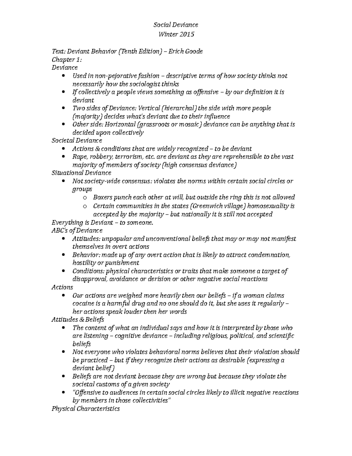 Social Deviance (Chapter Notes) - Winter 2015 Text: Deviant Behavior ...