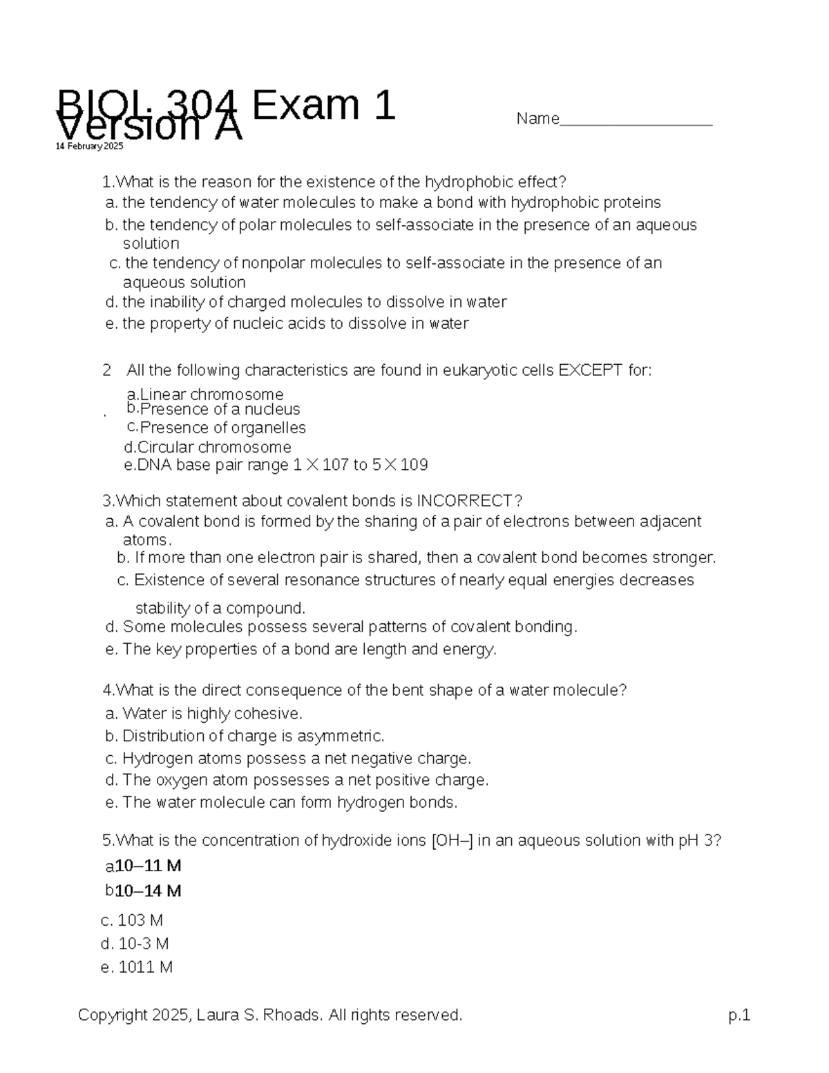 BIOL 304 Exam 1 Version A Study Guide (No Answers) - Studocu