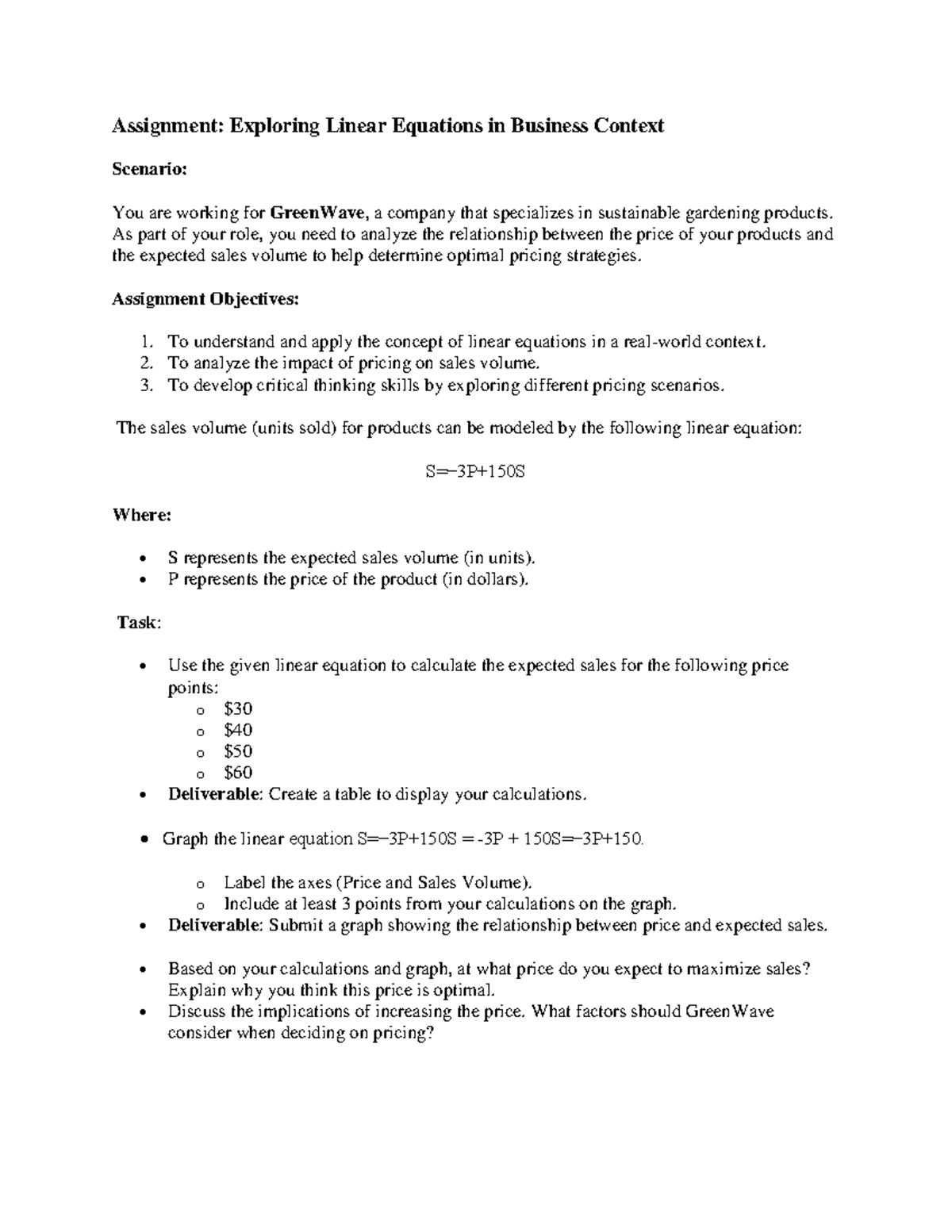 Assignment 2: Analyzing Linear Equations in Business Context - Studocu
