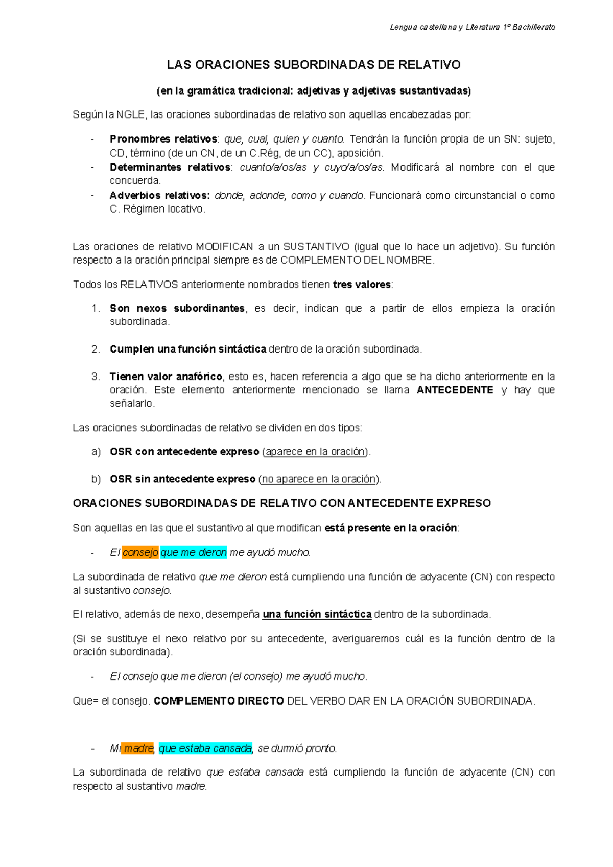 Oraciones Subordinadas de Relativo en Lengua Castellana 1º Bachillerato ...