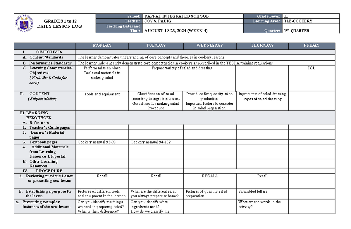 DLL Cookery Week 4 Lesson Plan - Grade 11 TLE-Cookery - Studocu