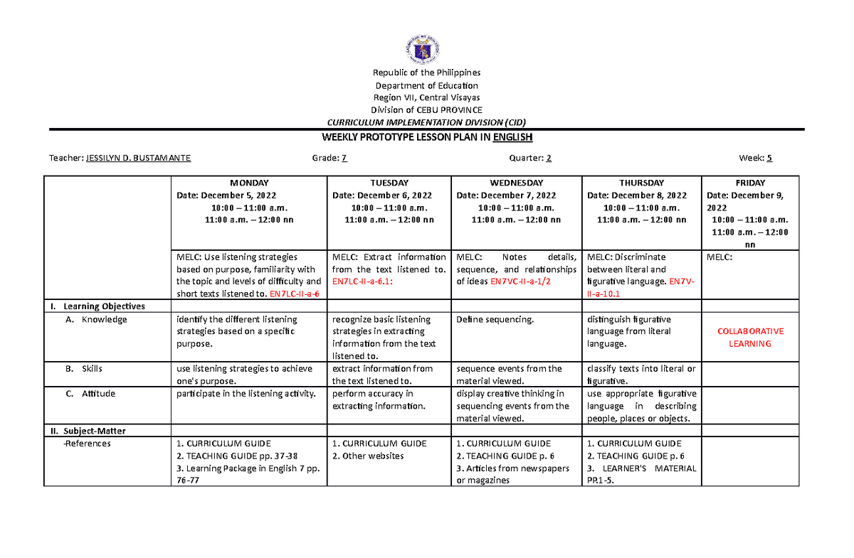 ENG7 Q2 WEEK1 DLL - A sample Daily Lesson Log. - Republic of the ...