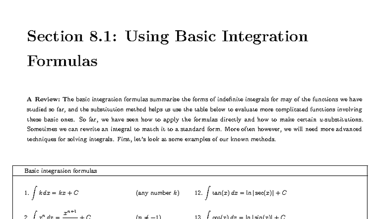 MATH 142: Section 8.1 Review of Basic Integration Formulas - Studocu