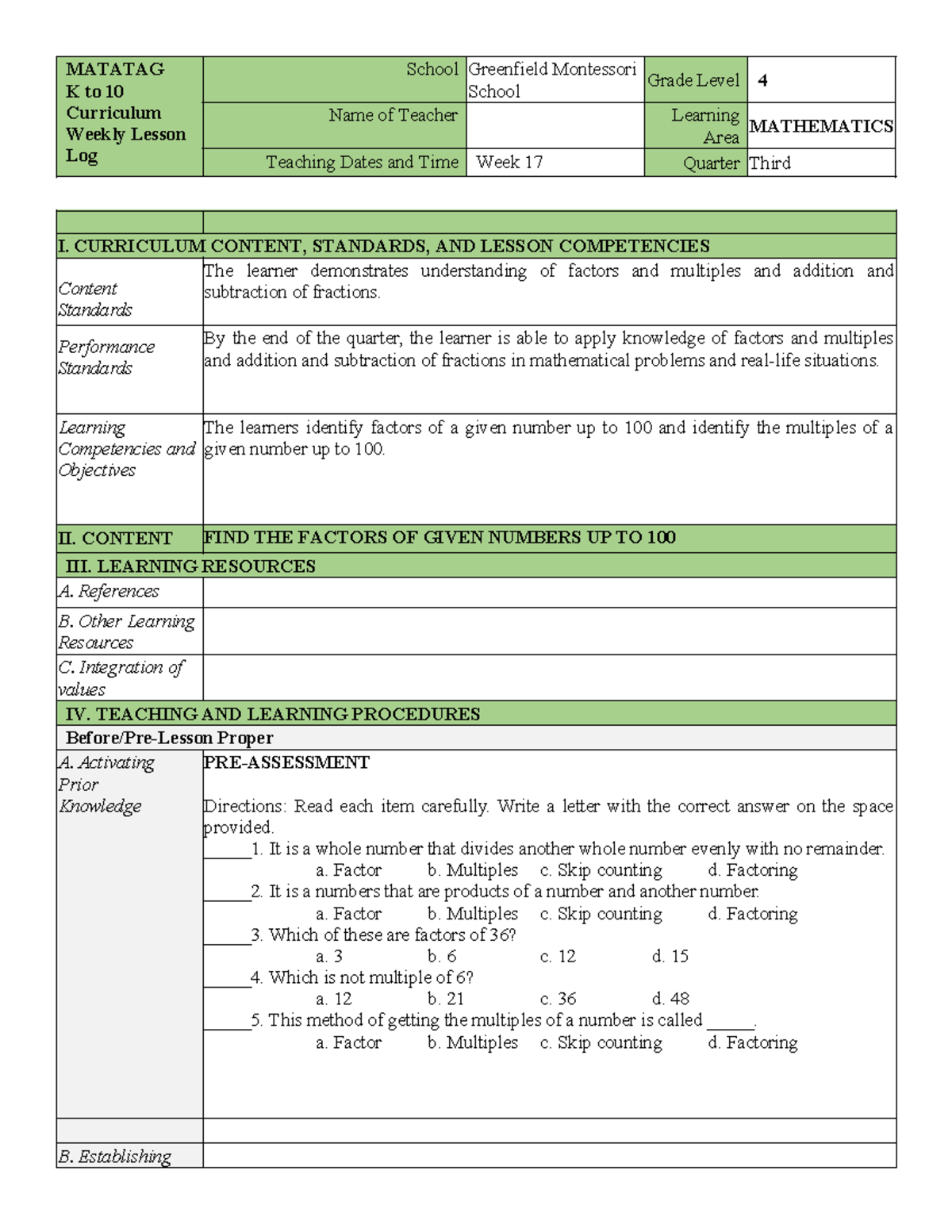 Matatag MATH 4 WEEK 17 - MATH 4 - MATATAG K to 10 Curriculum Weekly ...
