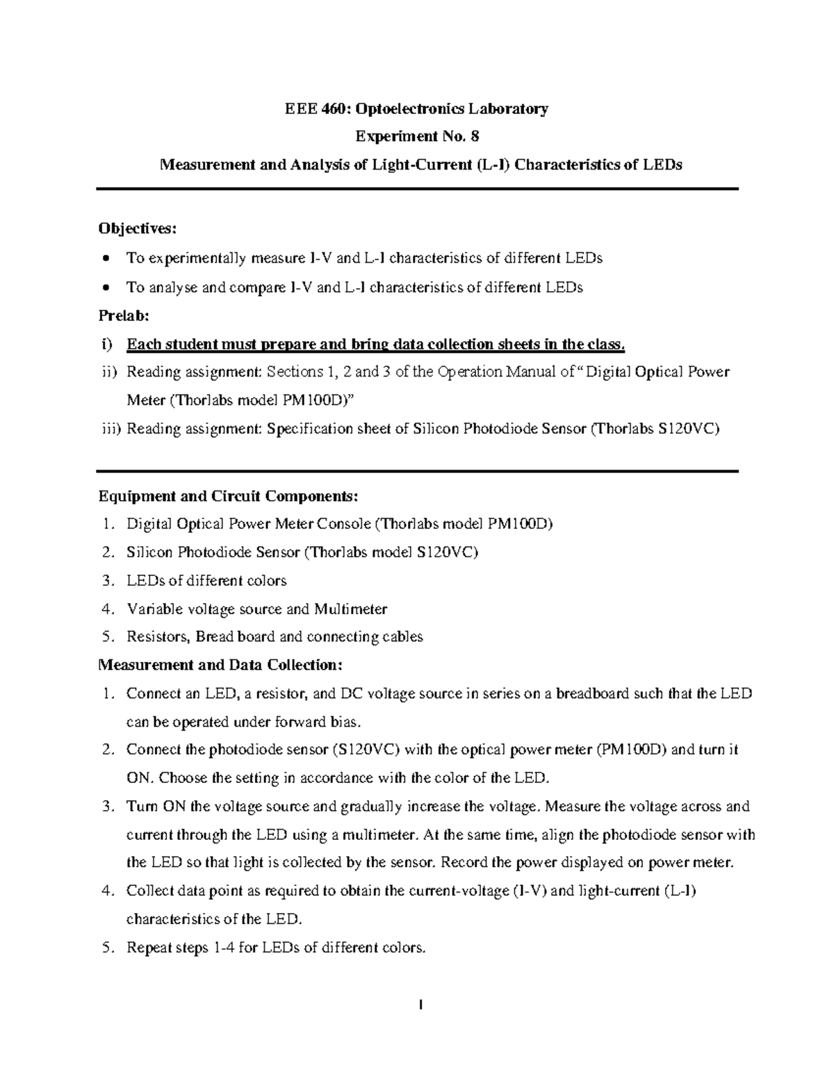 EEE 460 Exp 8 - Lab sheet for hardware experiment - 1 EEE 460: Optoelectronics Laboratory ...