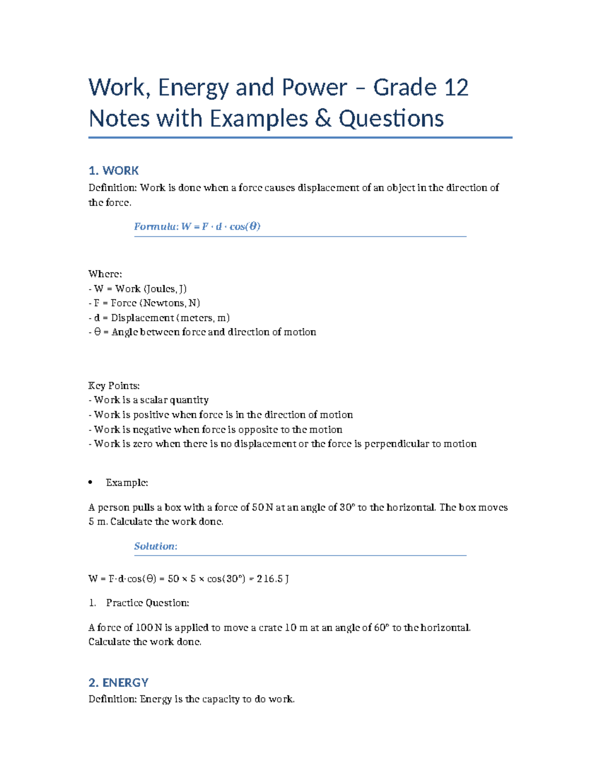 Grade 12 Work, Energy & Power Notes: Key Concepts & Examples - Studocu