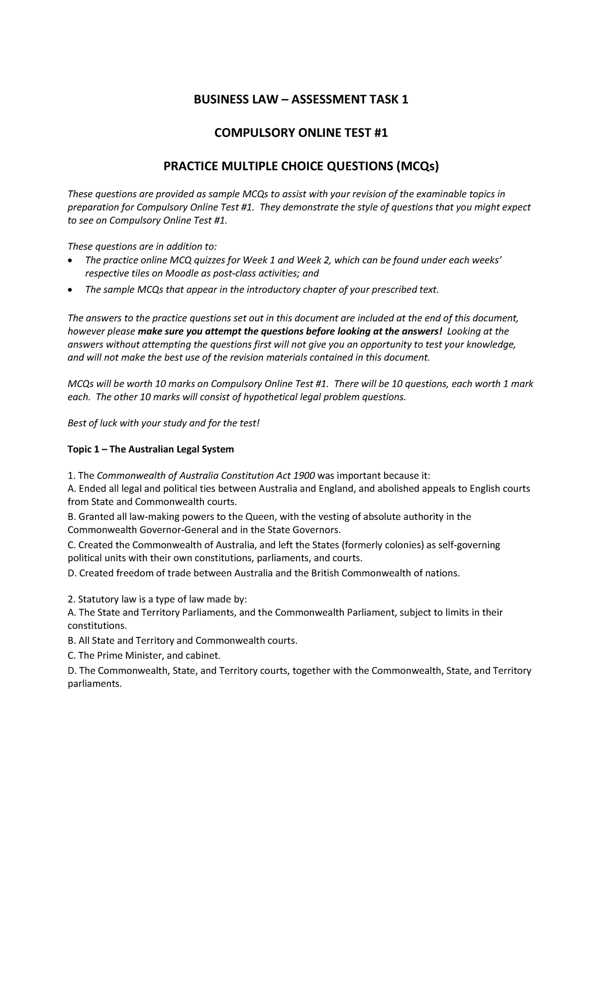 Practice MCQs for BUS 101 - Compulsory Online Test #1 Preparation - Studocu