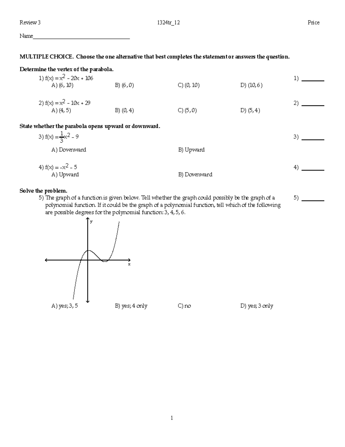Review 3: Polynomial Functions and Graphs - Studocu