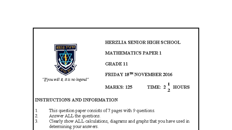 Grade 11 Mathematics Paper 1 Exam - Herzlia High School 2016 - Studocu