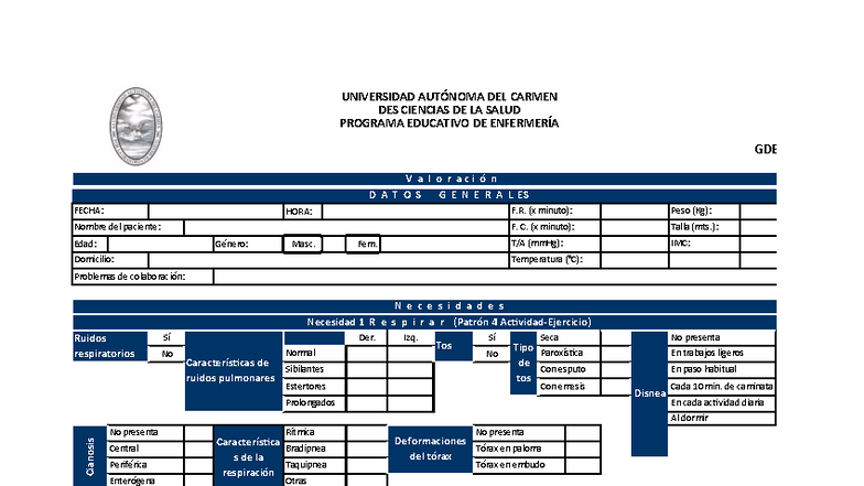 Hoja de Valoración VH - Trabajo de Enfermería GDE - Studocu