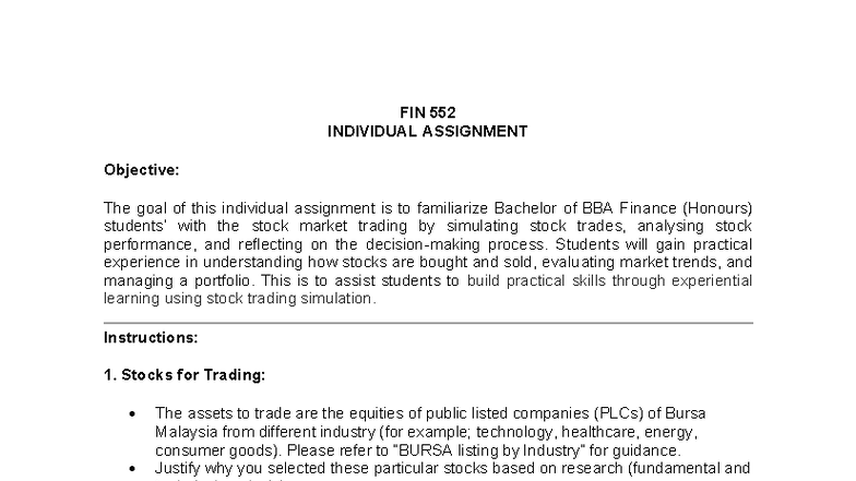 FIN 552 - Stock Market Trading Simulation Assignment Guide - Studocu