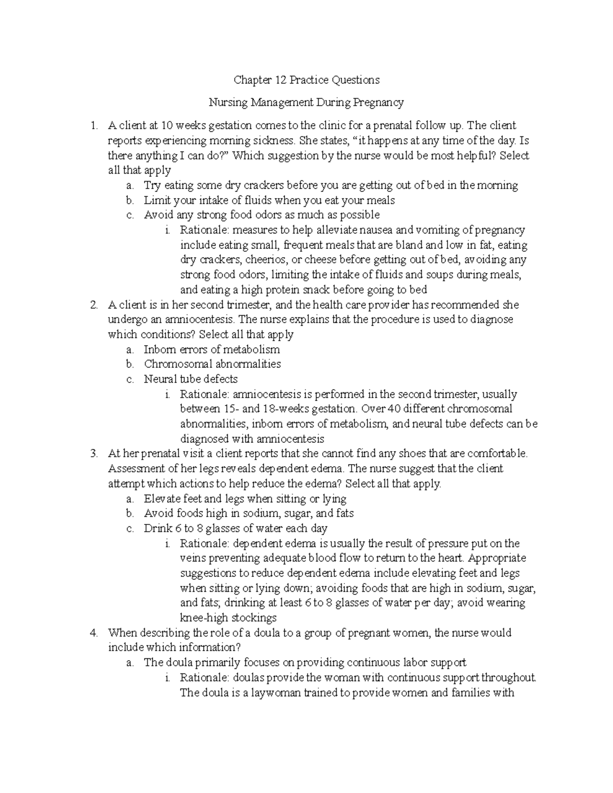 Chapter 12 Practice Questions: Nursing Care During Pregnancy - Studocu
