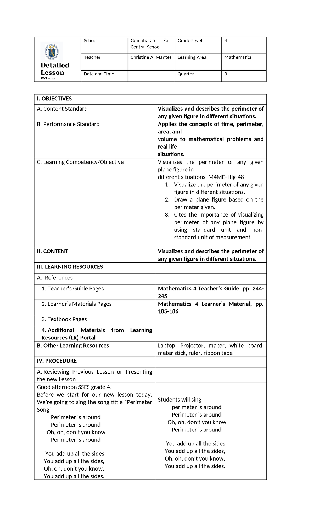 Mathematics 4 - DETAILED LESSON PLAN SAMPLE - School Guinobatan East ...