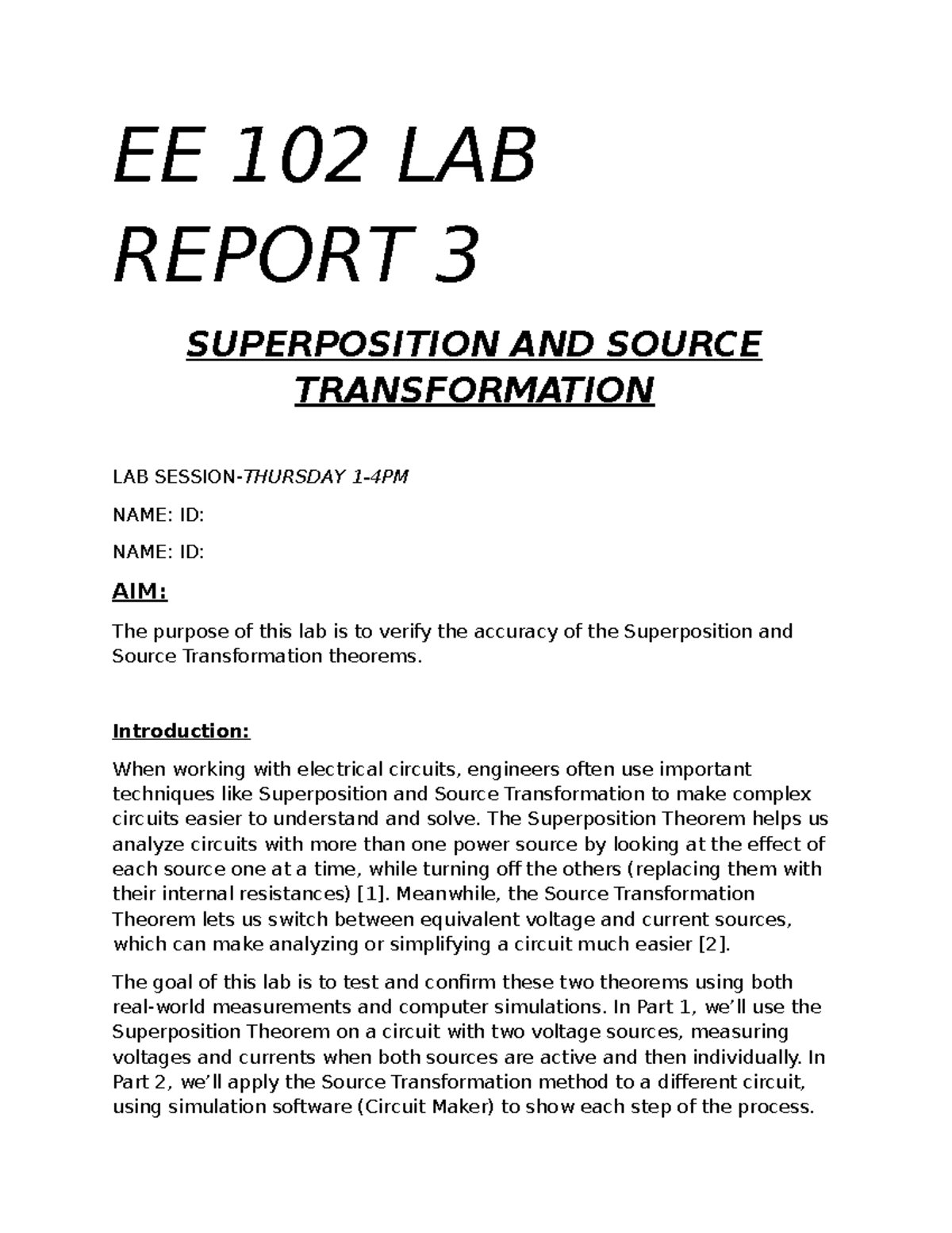 EE 102 Lab Report 3: Superposition & Source Transformation - Studocu