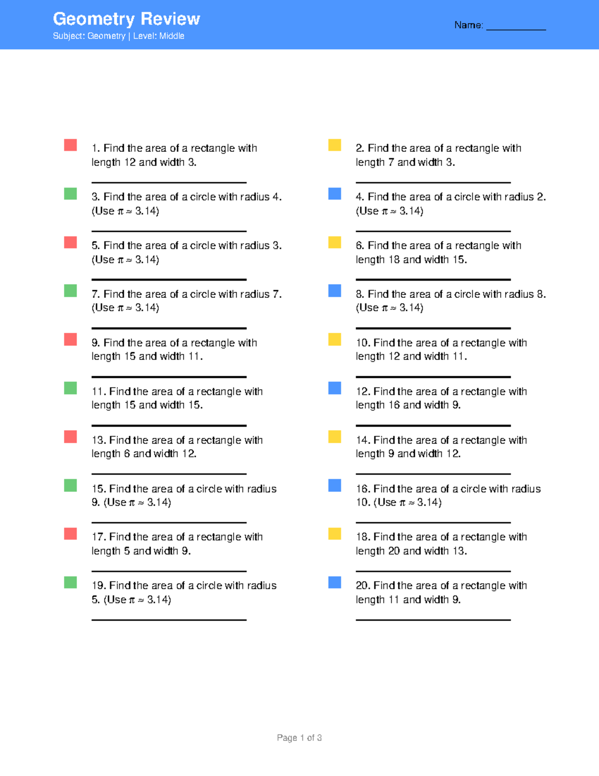 Geometry Review (Middle Level) - Area Calculations and Answers - Studocu