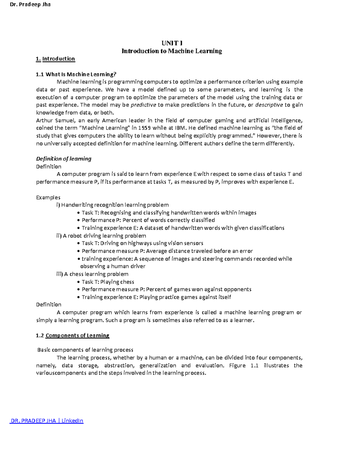 Machine Learning Notes (CS101) - Unit I: Introduction to Machine ...