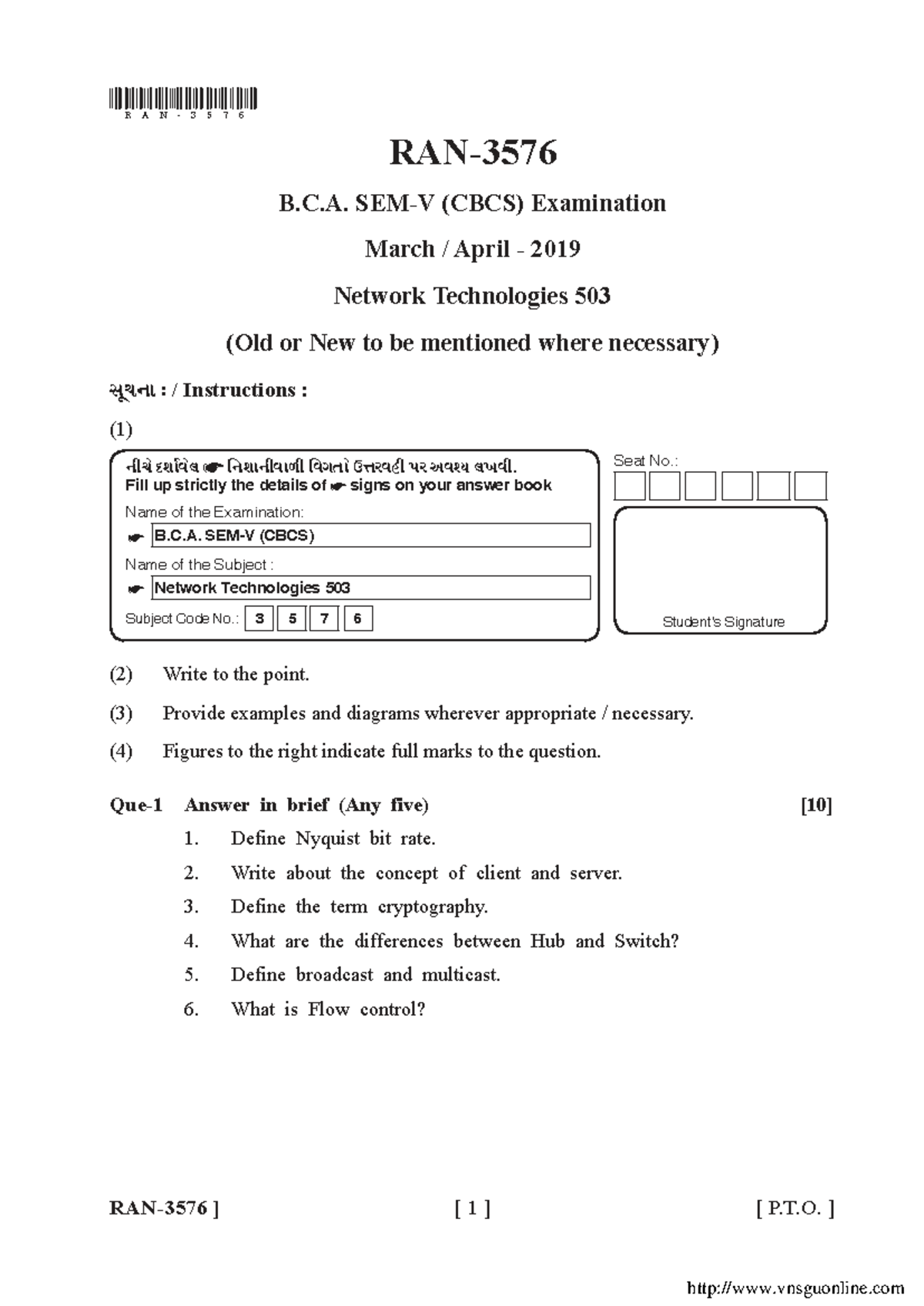 BCA 5 Sem Network Technologies 503 Exam Instructions March-April 2019 - Studocu