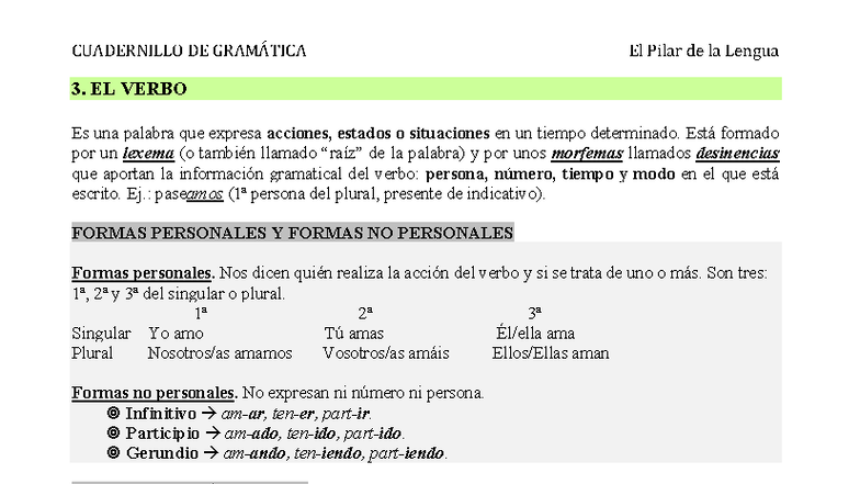 CUADERNILLO DE GRAMÁTICA: El Verbo y sus Conjugaciones - El Pilar de la Lengua - Studocu