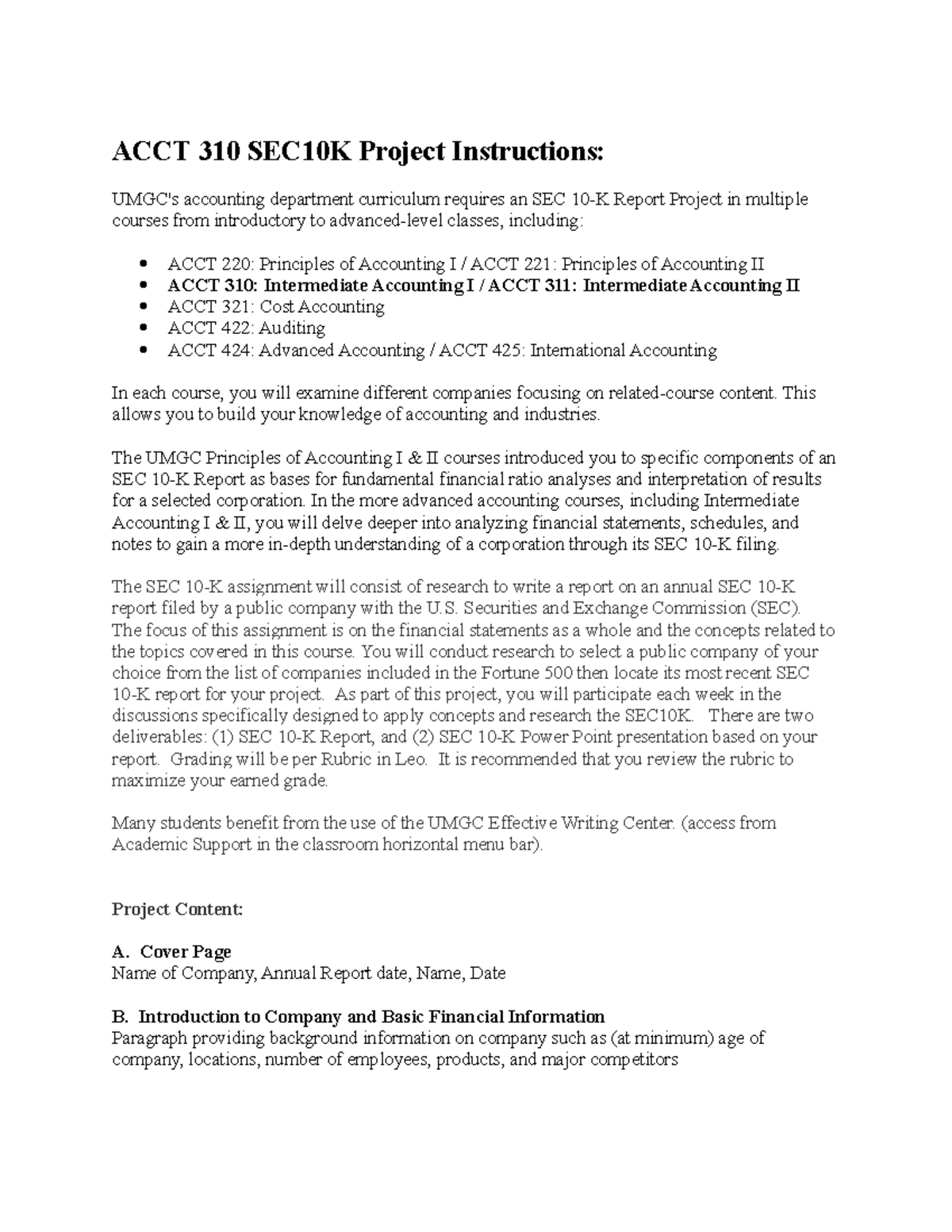 ACCT 310 SEC 10K Project Report and Powerpoint Content and Requirements ...