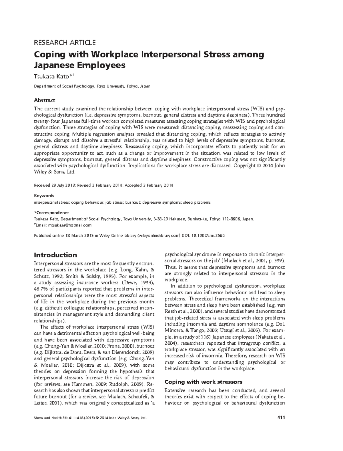 Coping Strategies for Workplace Interpersonal Stress: A Study on ...