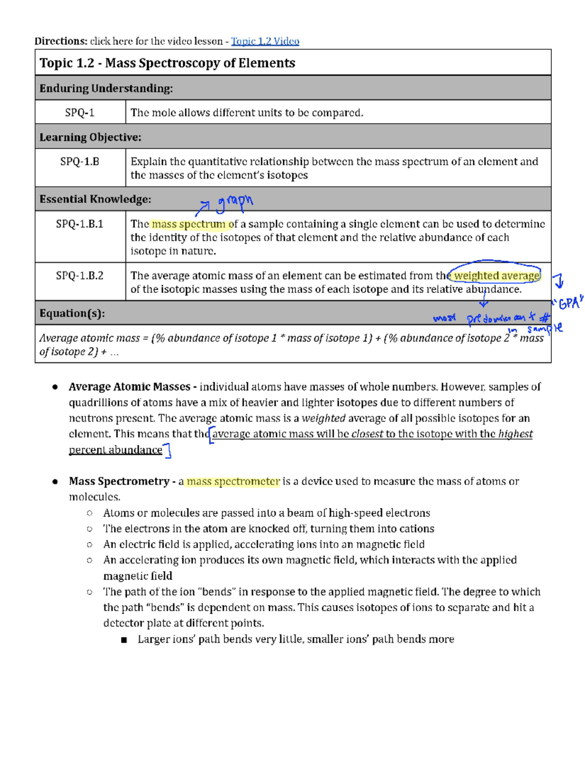 0006 - Part of Topic 1.2 - Mass Spectroscopy of Elements - Directions ...