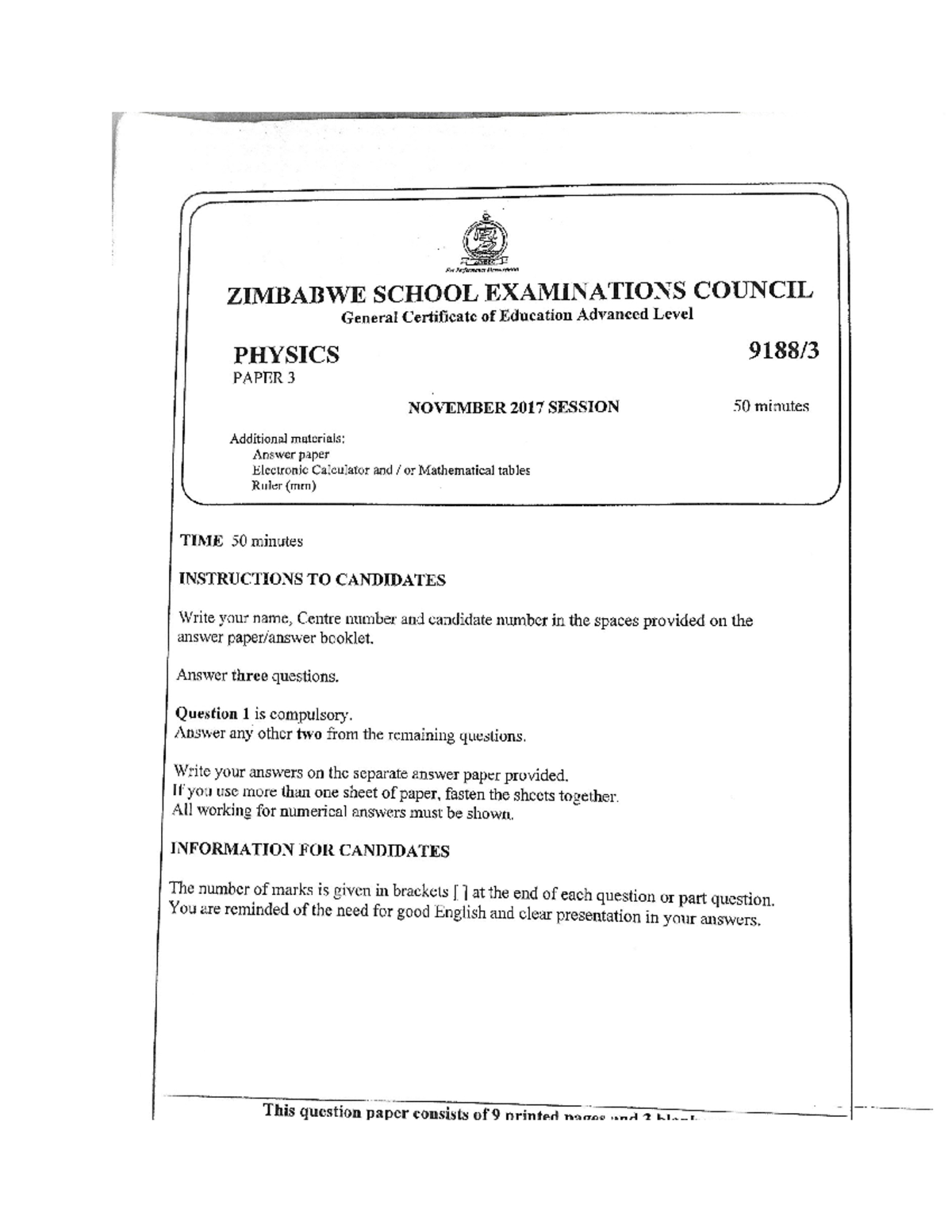 ZIMSE PHYSICS P3 NOV 2017 EXAMINATION PAPER & INSTRUCTIONS - Studocu