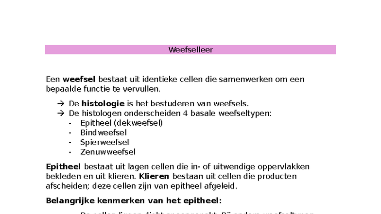 Weefselleer: Basisprincipes van Histologie en Epitheeltypes - Studocu