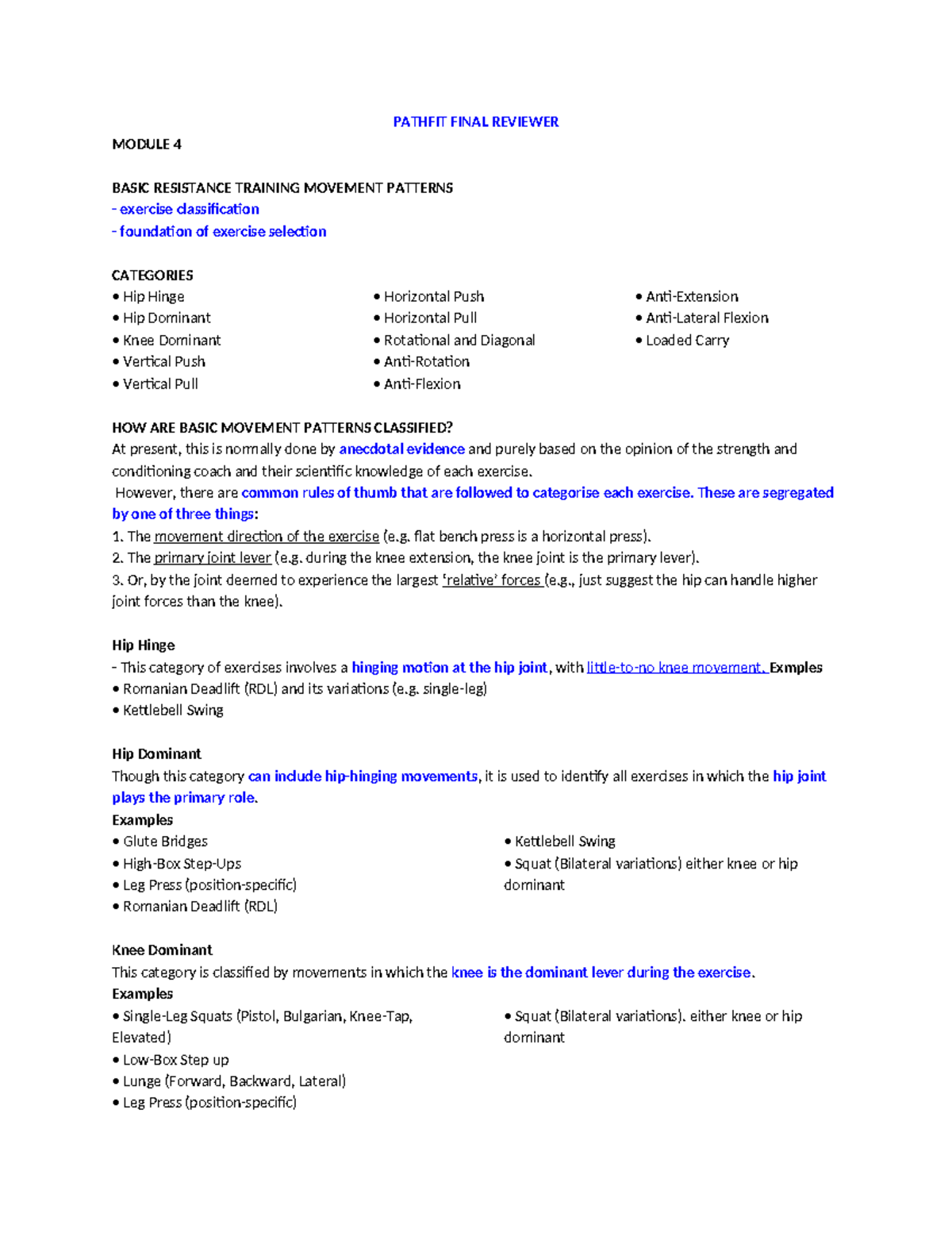 PATHFIT FINAL REVIEWER: MODULE 4 - BASIC RESISTANCE TRAINING - Studocu
