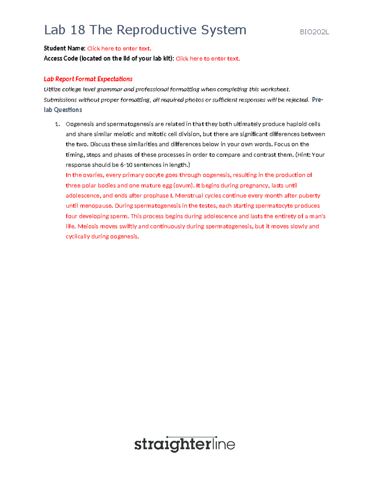 BIO202 Lab 18: Reproductive System Anatomy and Oogenesis vs ...