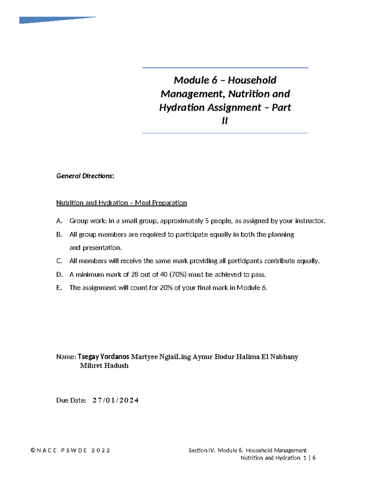IV-7 Assignment: Module 6 Household Management and Meal Prep - Studocu