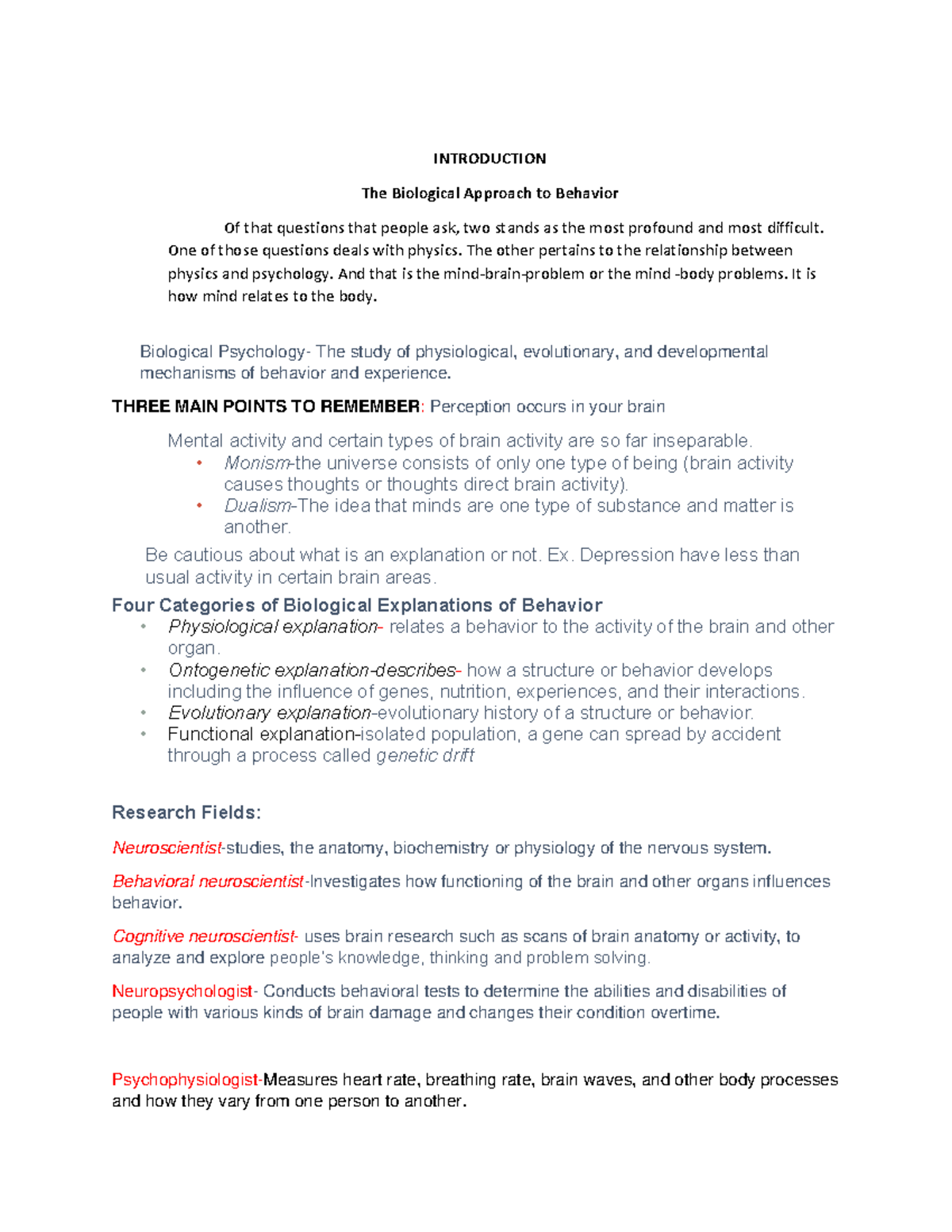 BIO 101: Lecture Handouts on Biological Approach to Behavior - Studocu