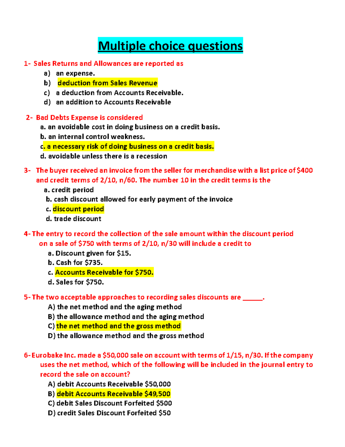 Final Revision on Ch. 9 - Sales Returns & Allowances MCQs - Studocu