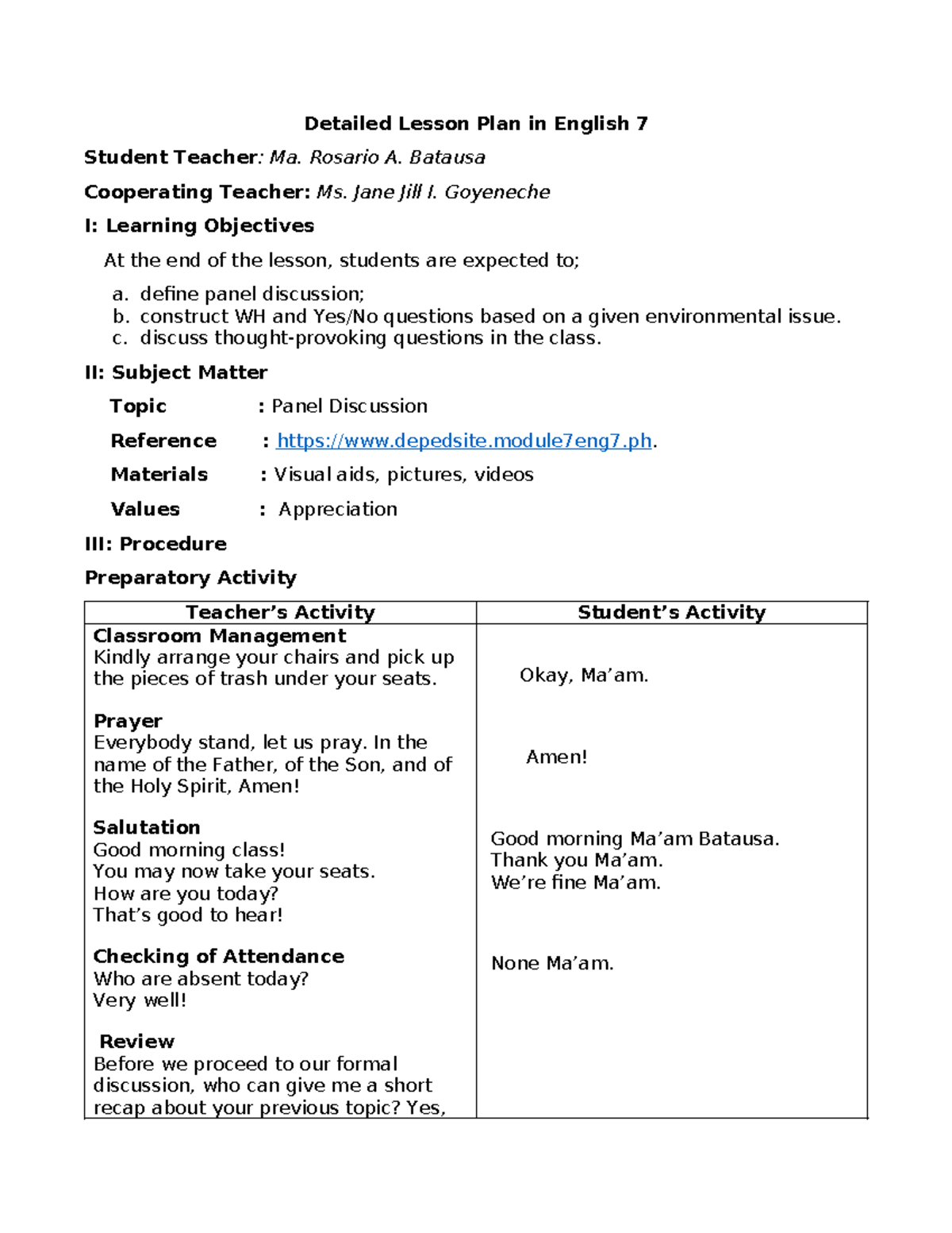 Lesson Plan: Panel Discussion in English 7 by Ma. Rosario A. Batausa ...