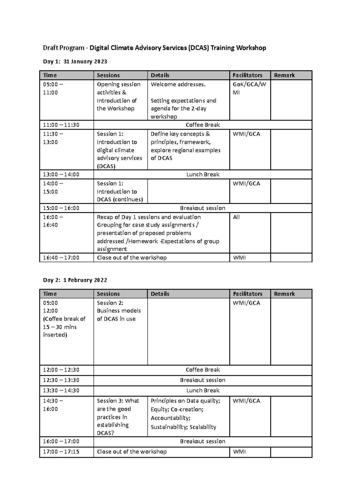 Draft Program for DCAS East Africa Training Workshop - 2 Days - Studocu