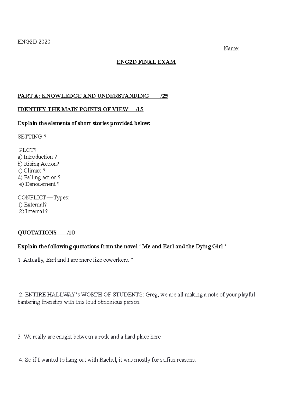 Final Exam Review Notes for ENG2D: Short Stories & Quotations - Studocu