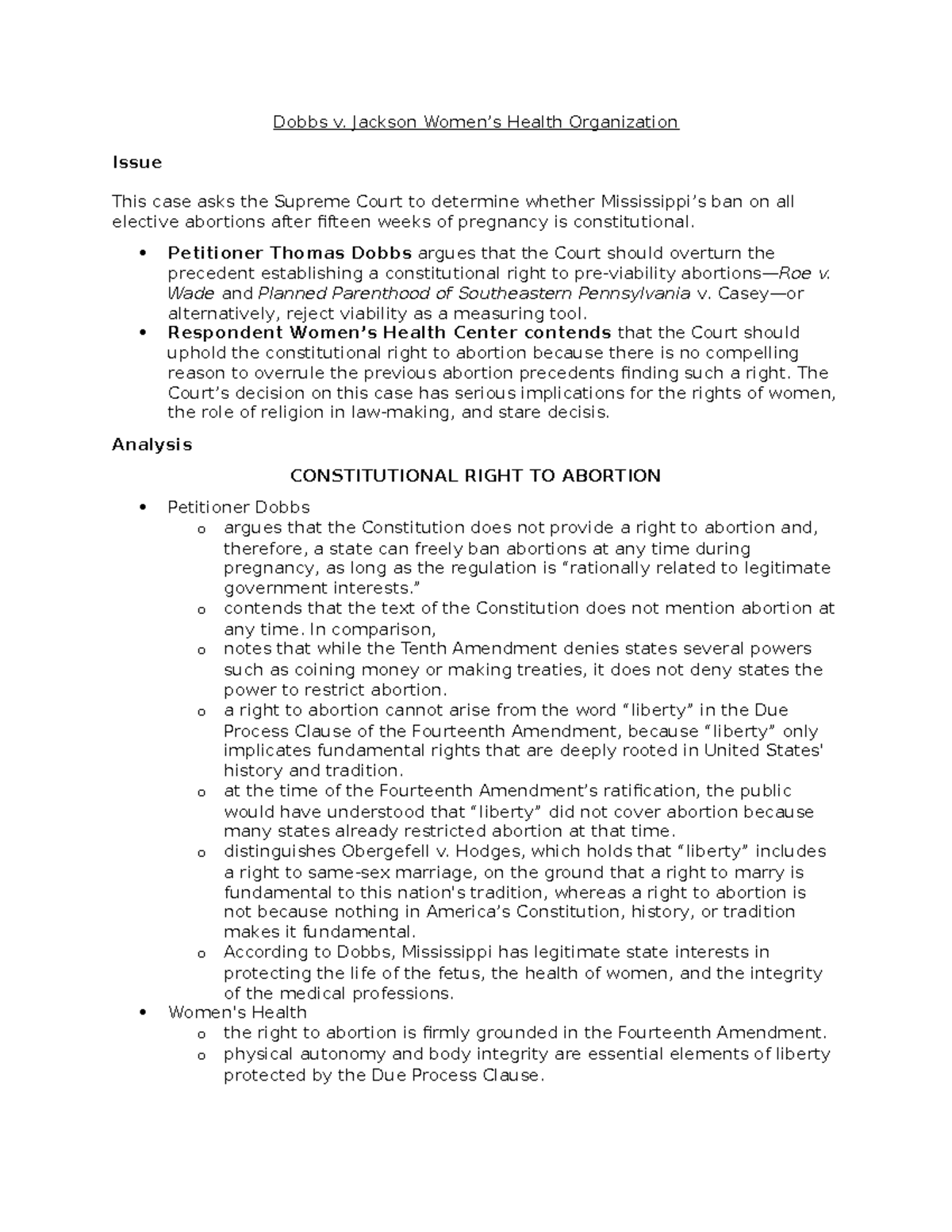 Dobbs v. Jackson Women's Health Case Brief - Dobbs v. Jackson Women’s ...