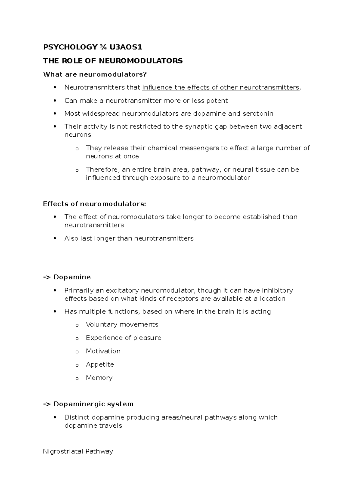 PSYCHOLOGY ¾ U3AOS1 Neuromodulators: Functions and Effects - Studocu