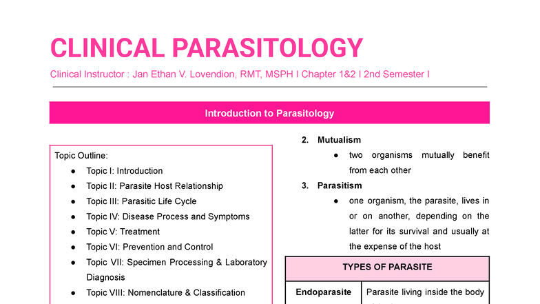 CLINICAL PARASITOLOGY: Introduction to Parasitology (2nd Sem) - Studocu