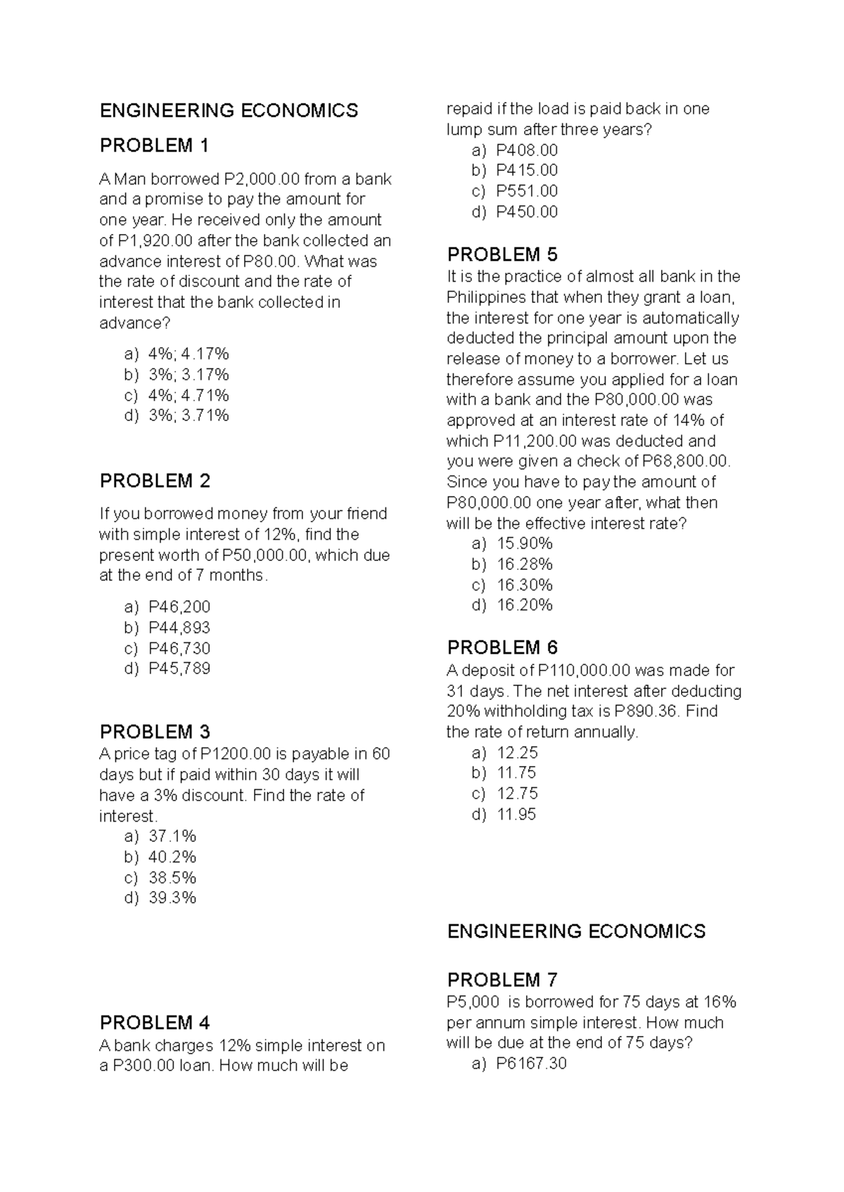 Engineering Economics: Simple & Compound Interest Problems - Studocu