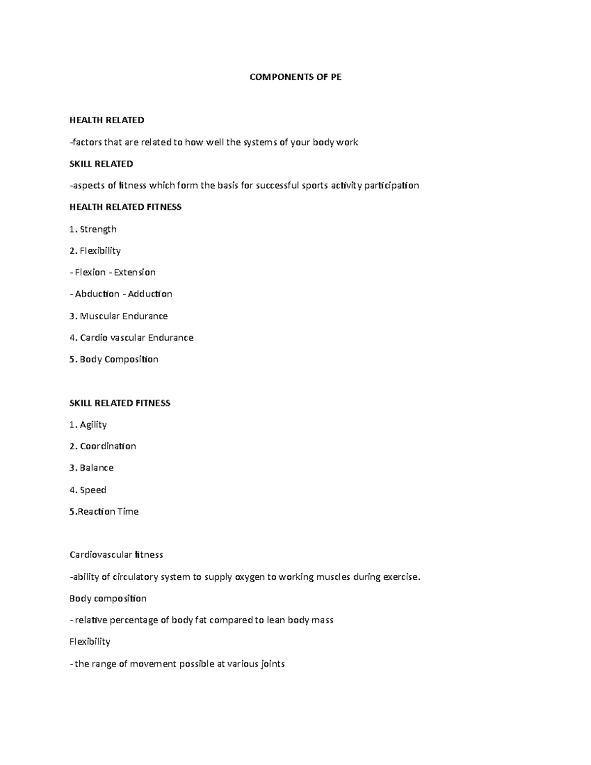 Components of Physical Education: Health & Skill-Related Fitness - Studocu