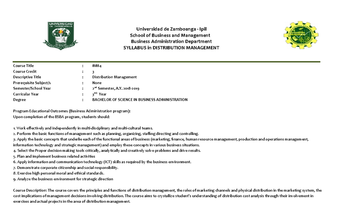 Syllabus for MM4 Distribution Management: Course Overview ...