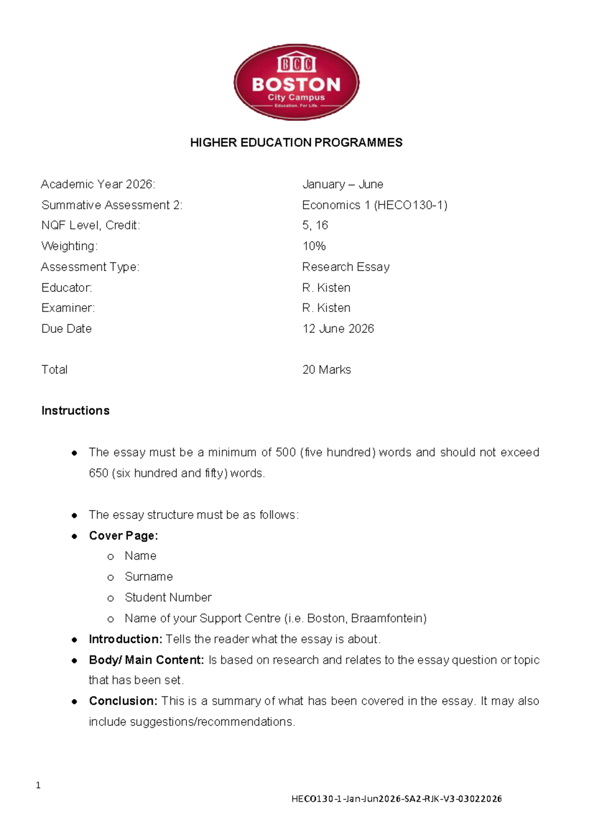 HECO130-1 Summative Assessment 2 Research Essay Guidelines - Studocu