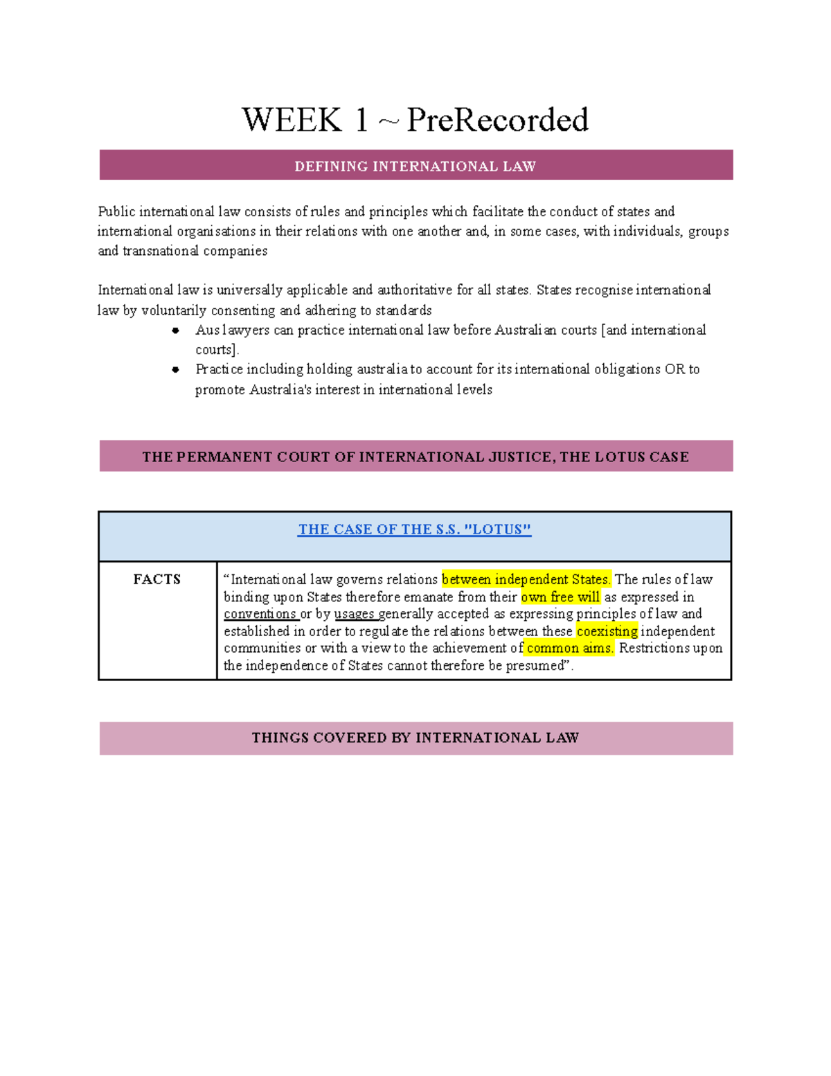 P.I.L Lecture Notes: Defining International Law and Statehood Concepts ...