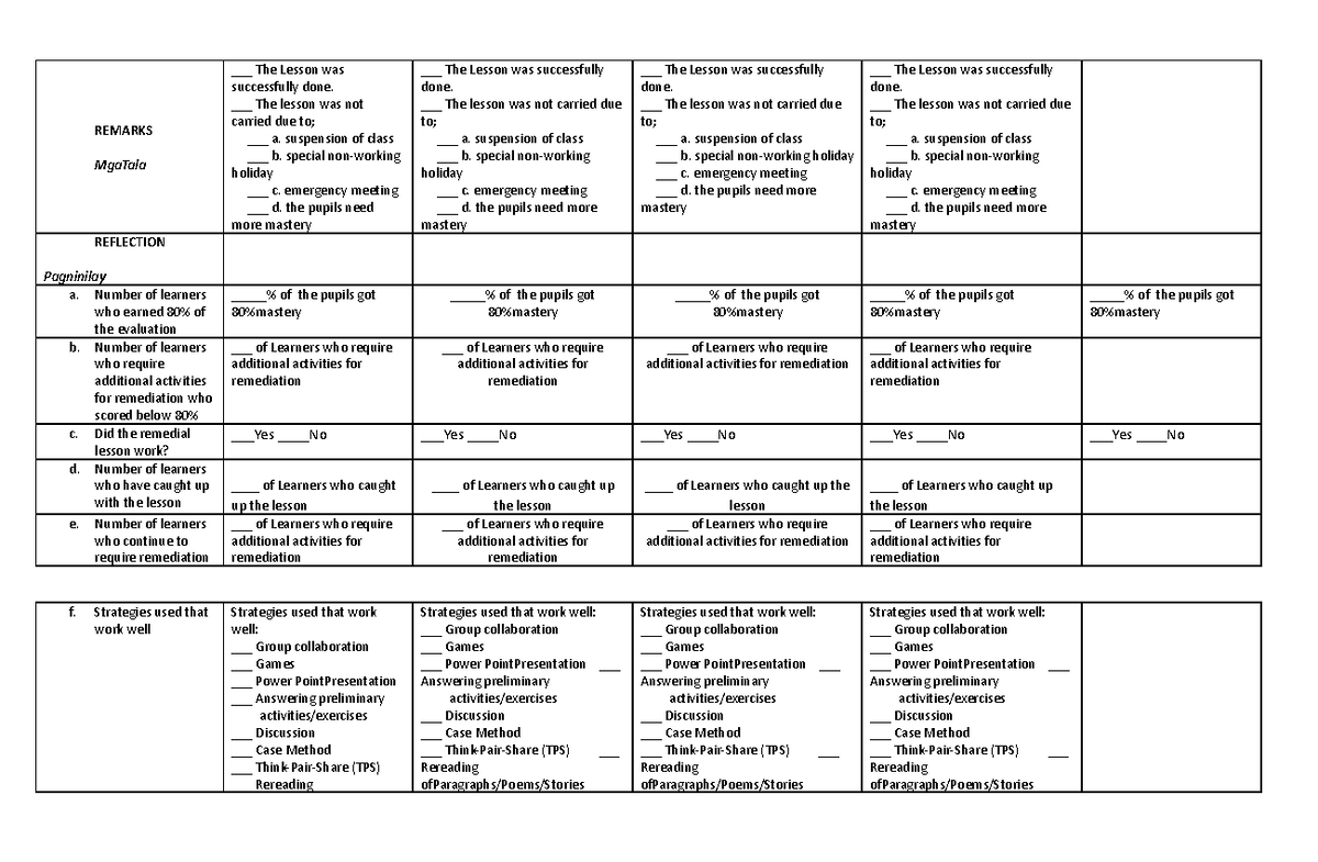 DLL- Lesson Remarks and Reflections on Student Mastery - Studocu