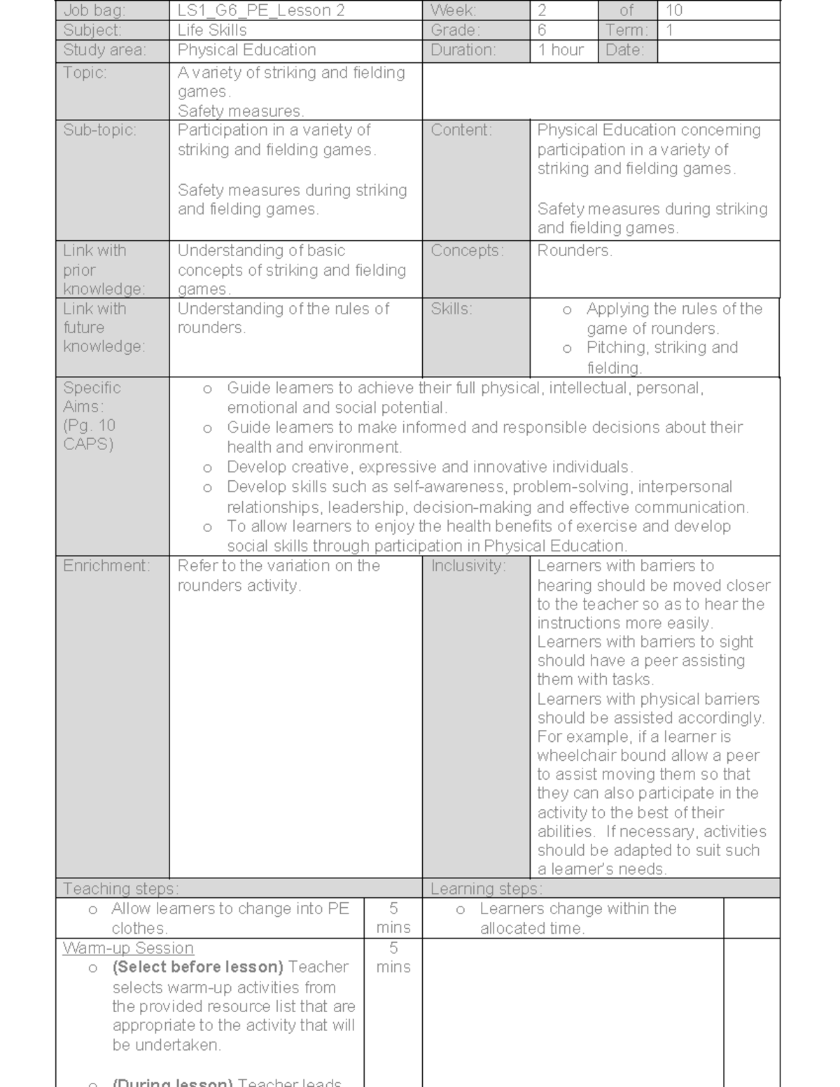 LS1 G6 PE Lesson 2: Striking & Fielding Games Overview - Studocu