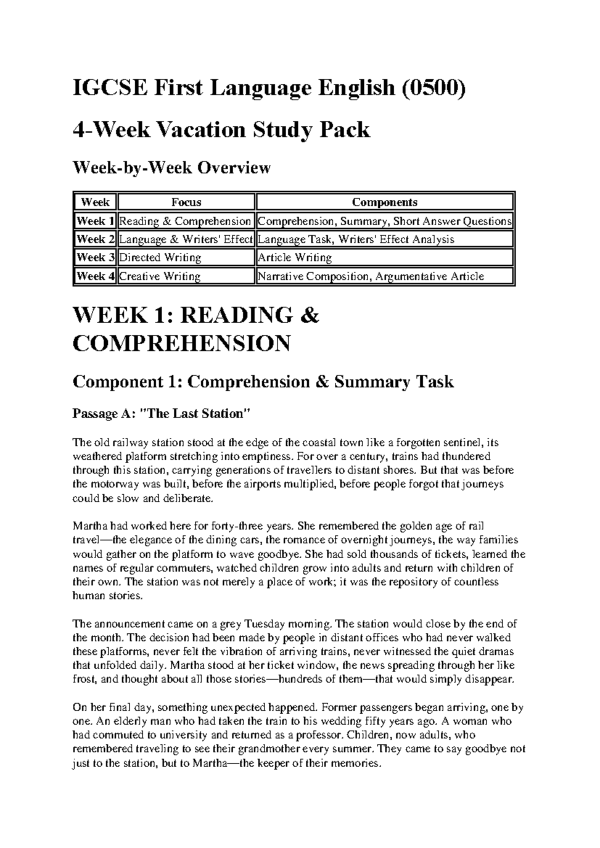 IGCSE First Language English (0500) Vacation Study Pack Overview and ...