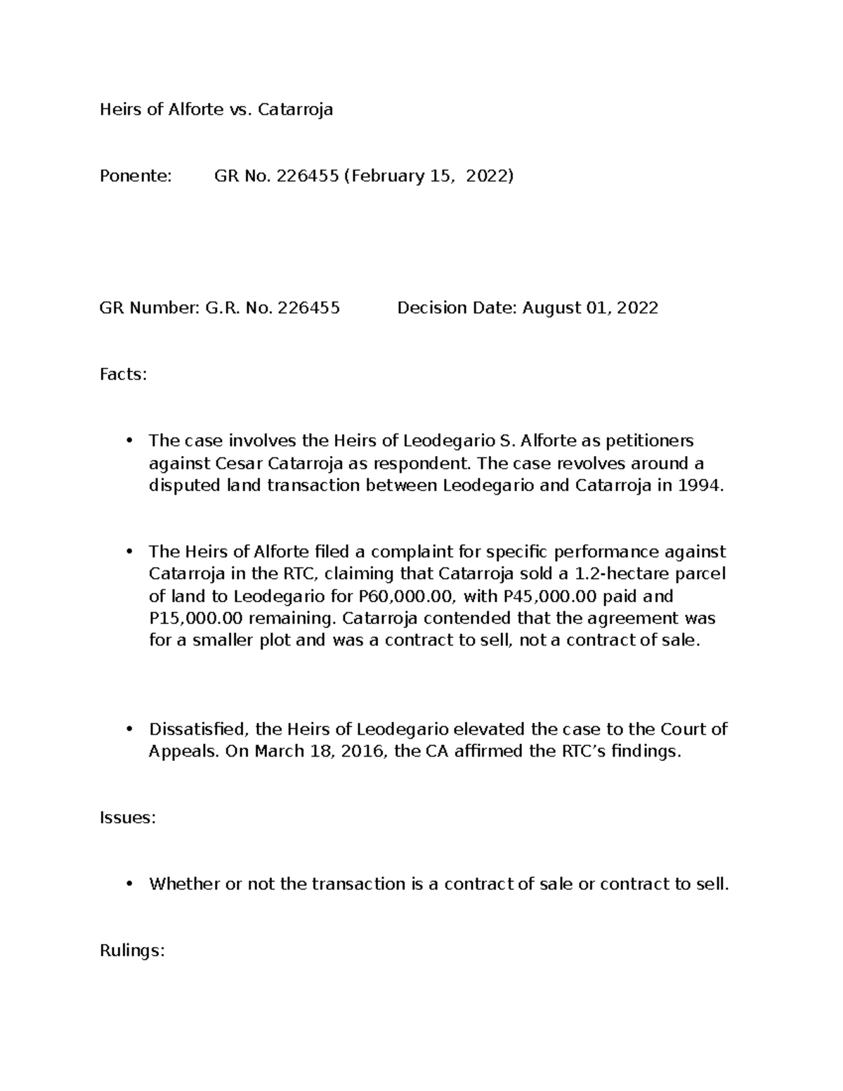 Case Study: Heirs of Alforte vs. Catarroja - GR No. 226455 (2022) - Studocu